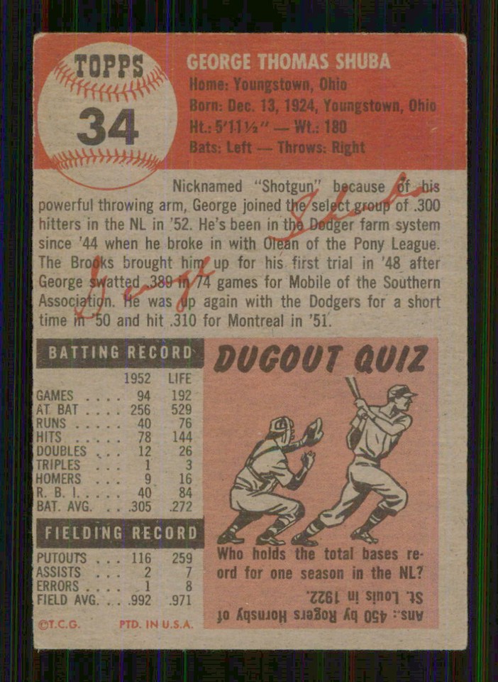 1953 TOPPS # 34 GEORGE SHUBA 18473 | eBay