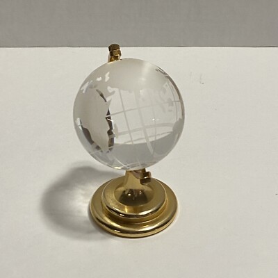 Vintage Crystal Frosted Glass Globe Spinning Paperweight with Brass ...