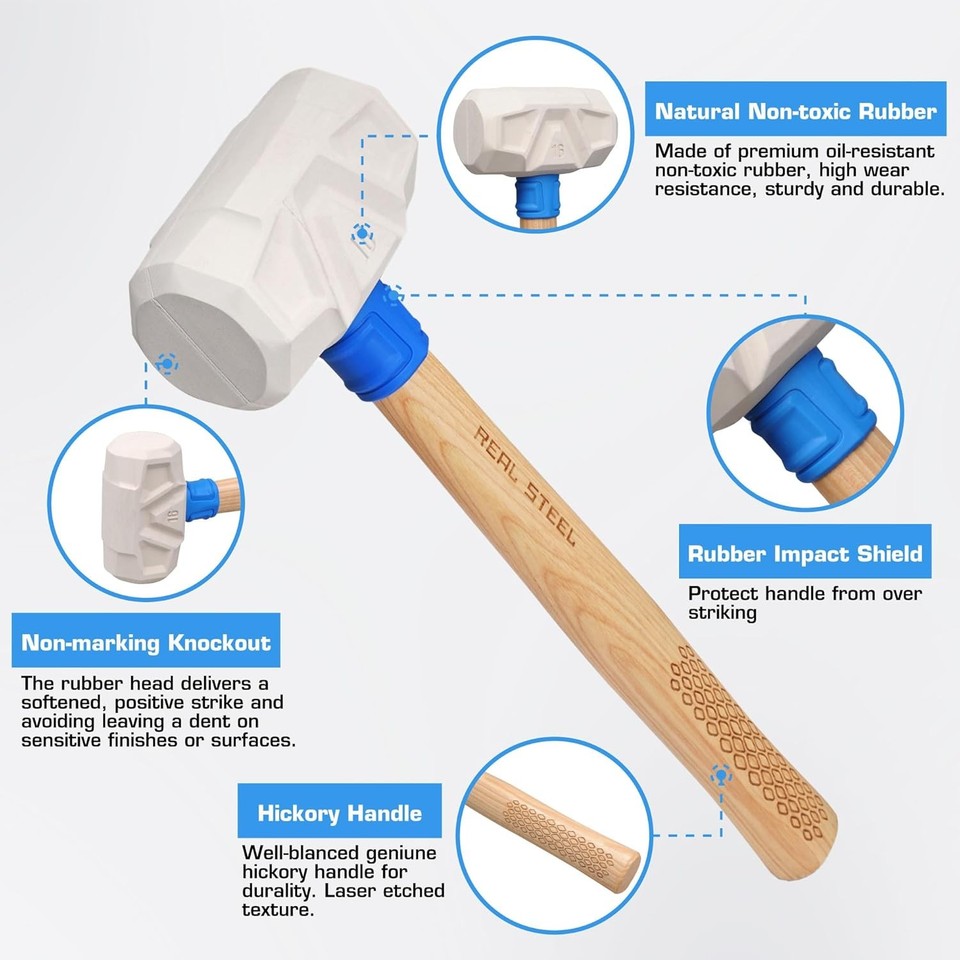 White 16 Oz Rubber Mallet Hammer with Hickory Wood Handle for Flooring ...