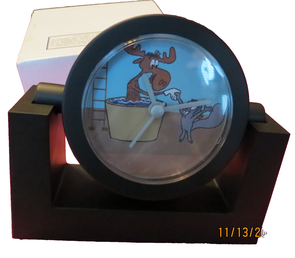 Vintage ROCKY & BULLWINKLE Desk Clock RARE 3 1/2” ROUND On STAND Tested ...