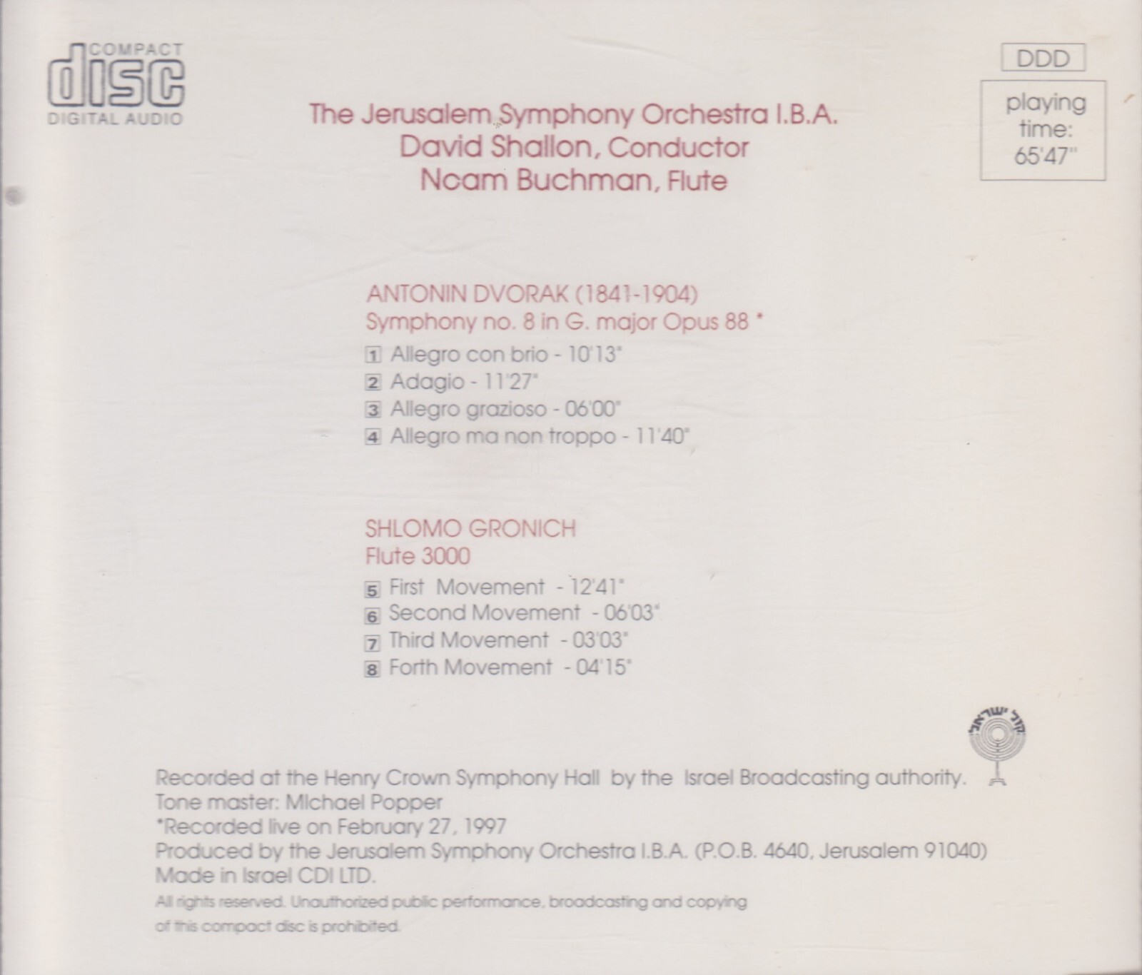 Dvorak: Symphony No. 8 • Gronich - Jerusalem SO / David Shallon (CD ...