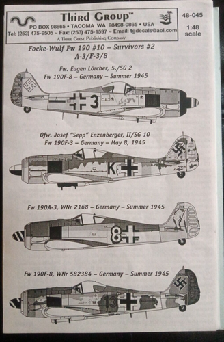 Third Group Decals 1:48th Scale Focke Wulf Fw 190 #10 A-3/F-3/8 #48-045 ...