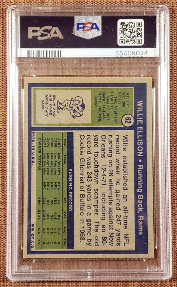 1972 Topps #62 Willie Ellison Los Angeles Rams Rookie Football Card PSA ...