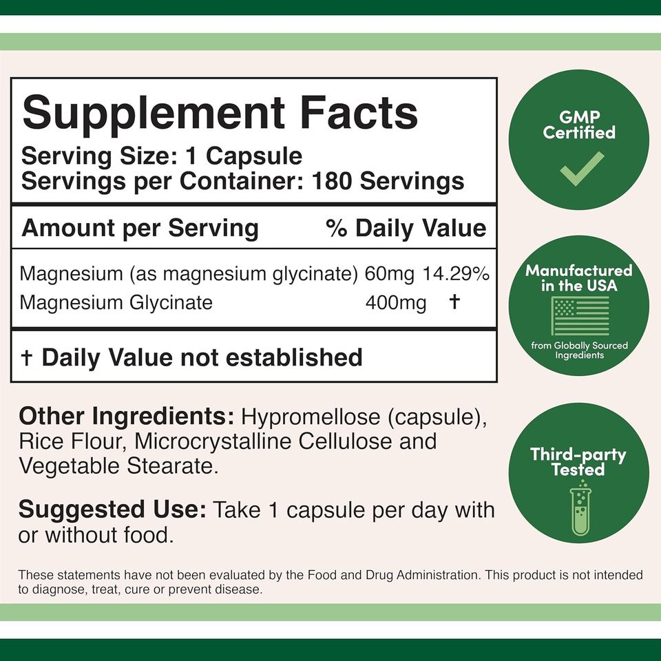 Magnesium Glycinate 400mg, 180 Capsules (Vegan Safe, Third Party Tested ...