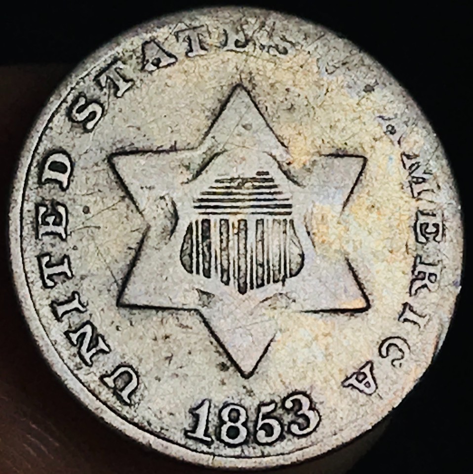 1853 Three Cent Silver Piece Trime 3c Type 1 Ungraded US Coin CC26983 ...