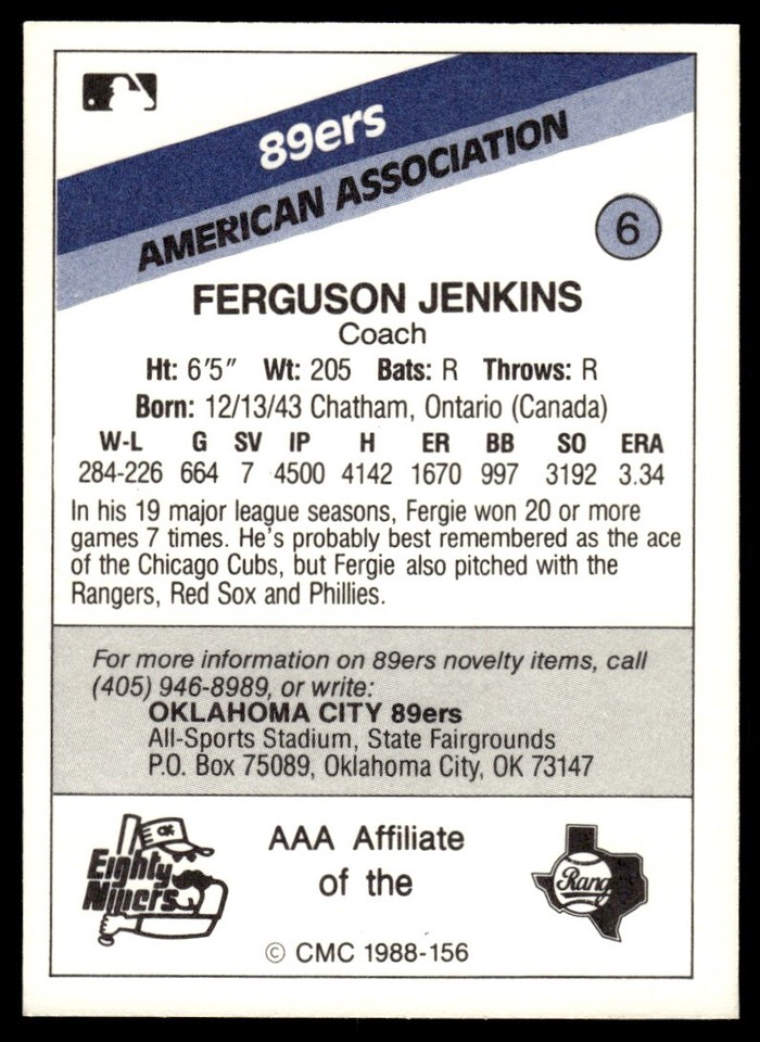 1988 CMC Oklahoma City 89ers Fergie Jenkins Oklahoma City 89ers #6 | eBay