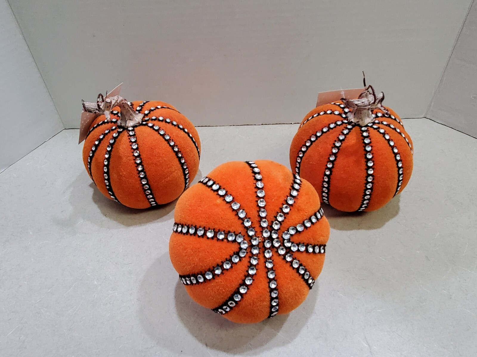Lot of 3 Darice Rhinestone on Orange Velvet Pumpkins with Plastic Stems ...