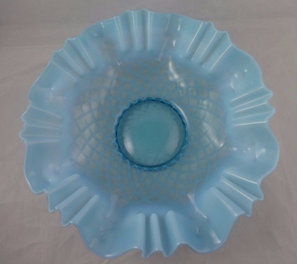 Old Antique BLUE GLASS OPALESCENT LATTICE Pattern BRIDE'S BASKET BOWL ...