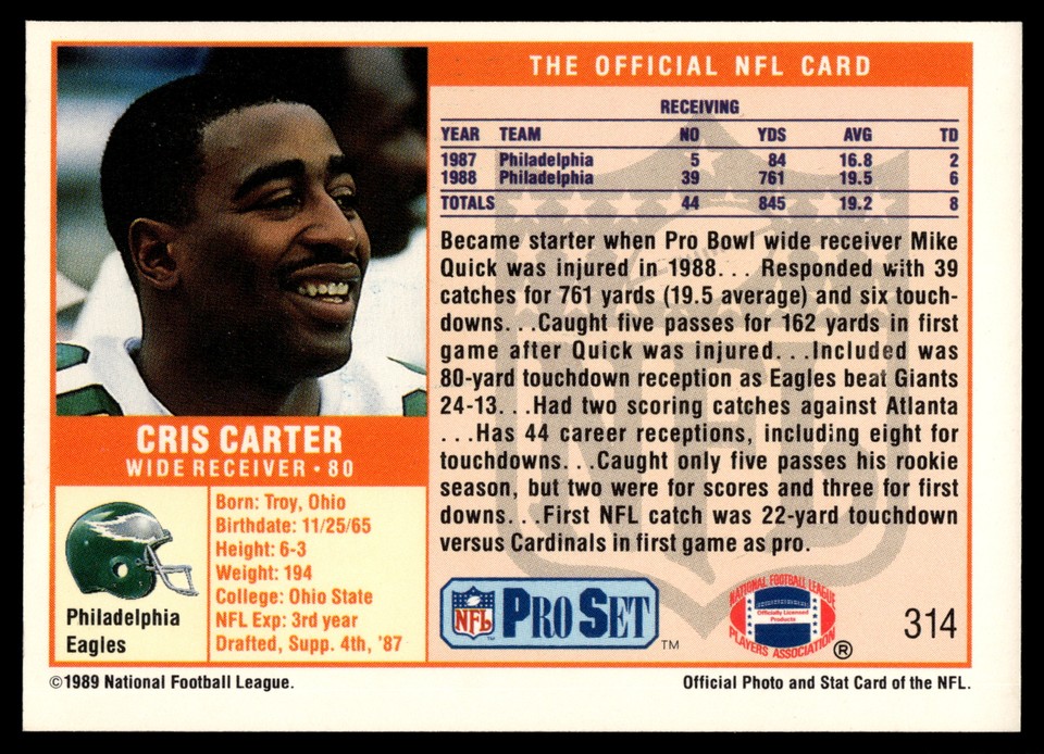 1989 Pro Set Cris Carter #314 Philadelphia Eagles RC Baseball Card | eBay
