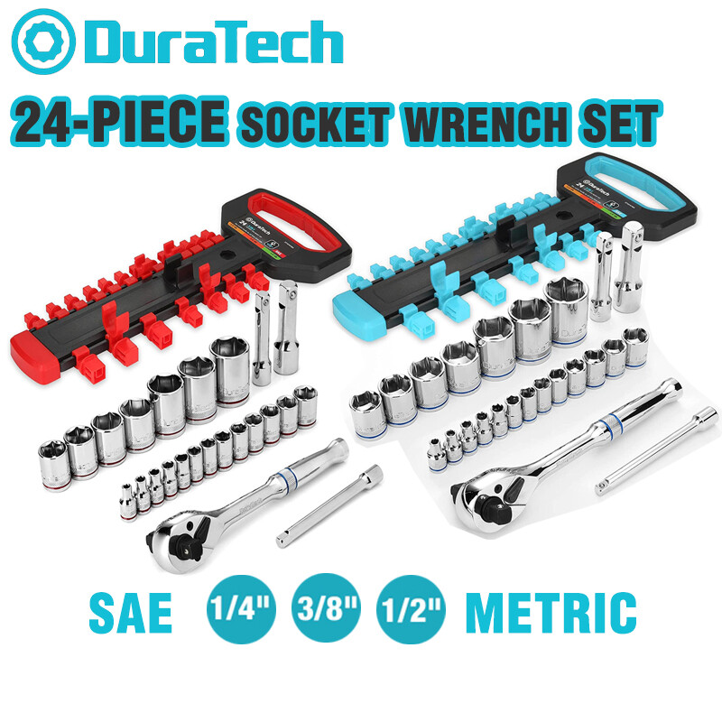 DURATECH 24-Piece Socket Wrench Set METRIC/SAE 1/4", 3/8", 1/2" Drive Socket Set | eBay