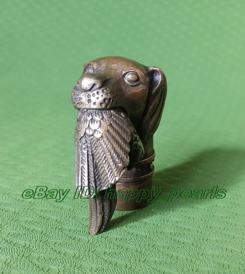 RARE LUCKY OLD BRONZE HAND CARVED DOG BITE BIRD STATUE WALKING STICK ...