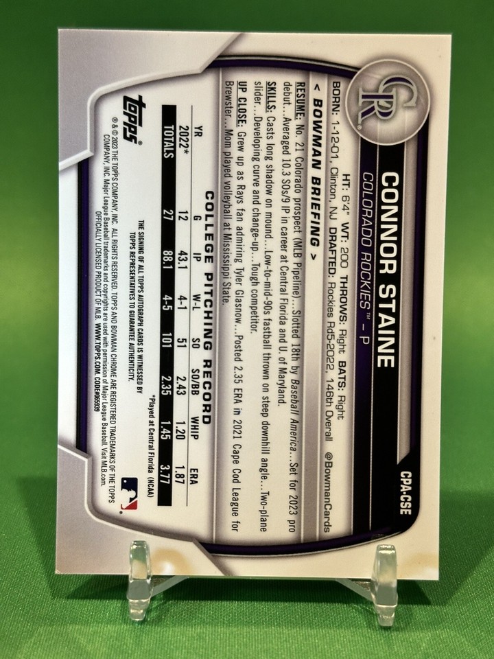 Connor Staine 2023 Bowman Chrome 1st Green Refractor /99 Auto #CPA-CSE ...