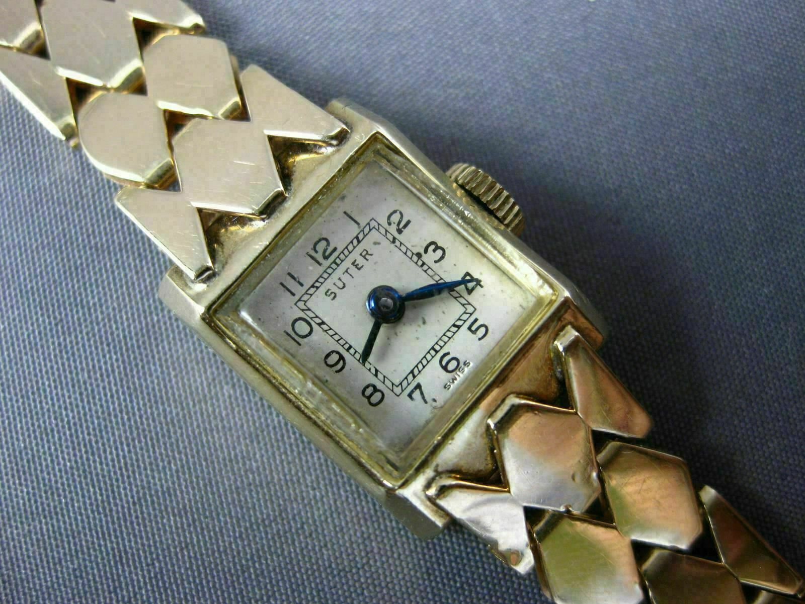 ANTIQUE SUTER 14KT YELLOW GOLD 3D CLASSIC SQUARE SWISS LADIES WATCH ...