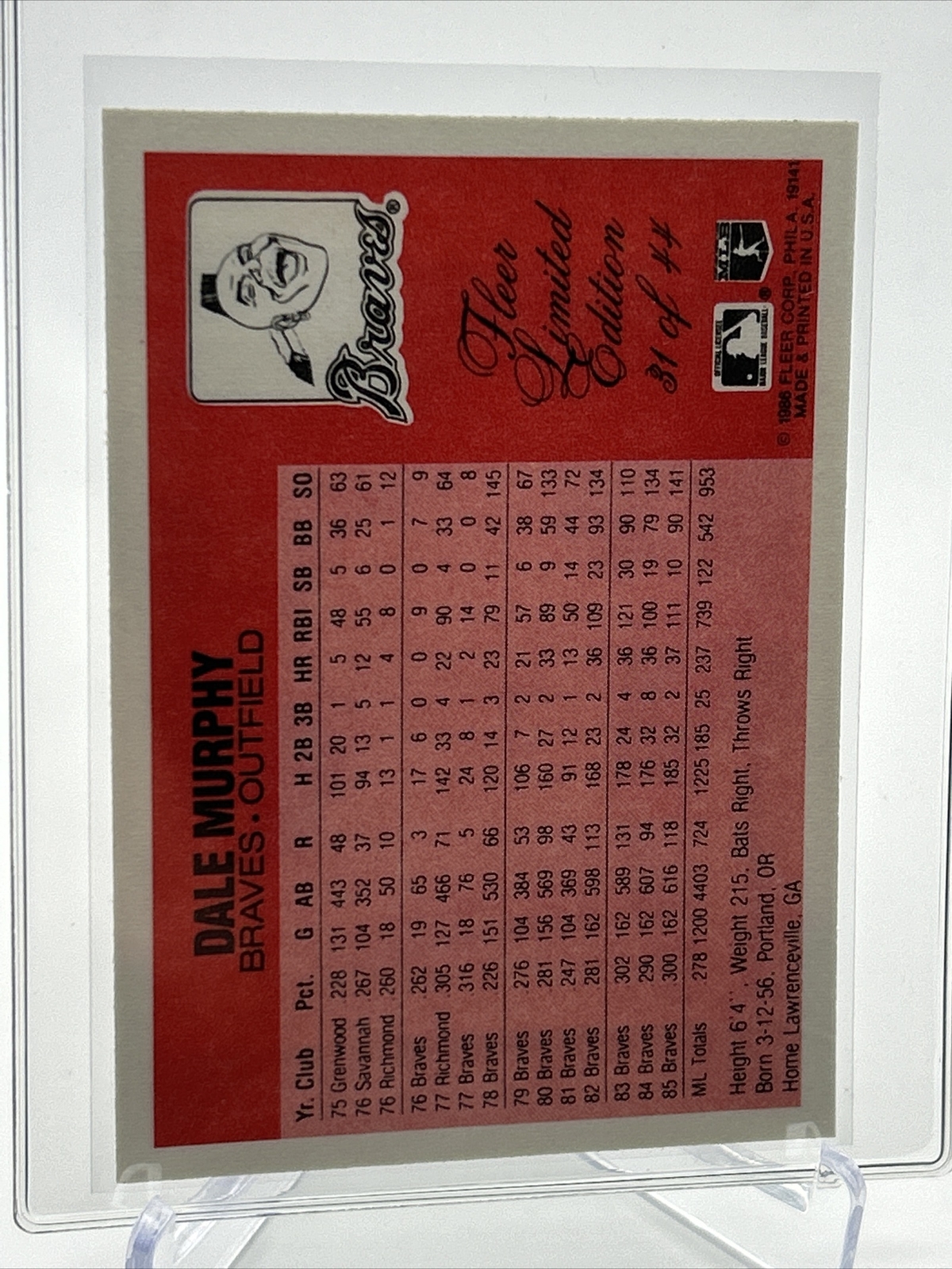 1986 Fleer Limited Edition Dale Murphy Baseball Card #31 NM-MT FREE ...