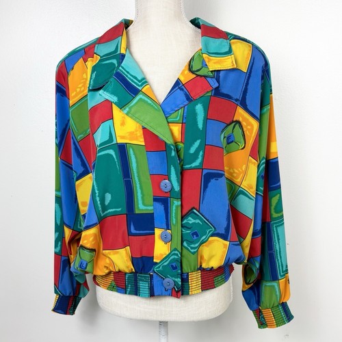 VTG Color Block 80’s Polyester Top Jacket Green Blue Red Shoulder Pads ...