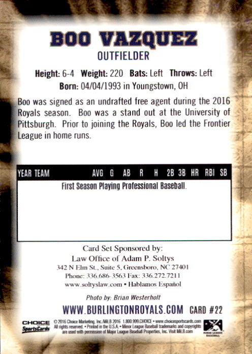 2016 Burlington Royals Choice #22 Boo Vazquez Youngstown Ohio OH ...