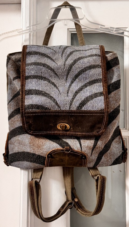 Myra Bag Handmade Grey Backpack Upcycled Canvas & Cowhide Leather | eBay