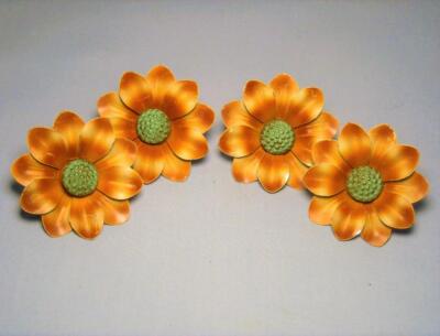 4 Flower Curtain Tie Back Push Pins Orange Enamel Metal Petals Green ...