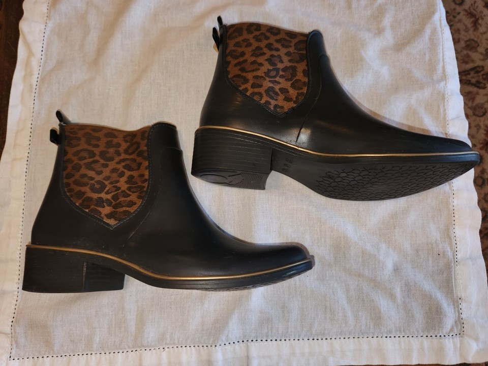 Kate Spade Black & Leopard. Rubber Ankle Rain Boot, size 6/7 | eBay