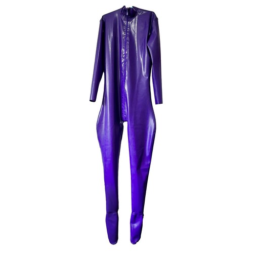 Unisex Purple Latex Catsuit Front Two Way Zipper Rubber Bodysuit Custom ...