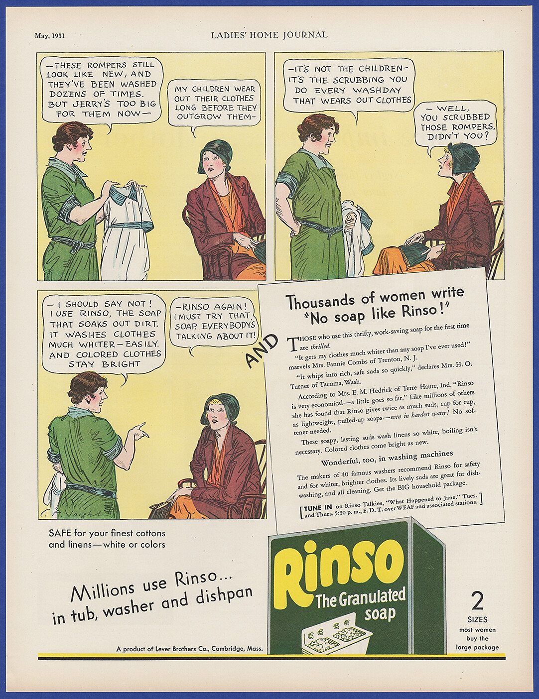 Vintage 1931 RINSO Laundry Detergent Soap Lever Bros. Comic Strip Print ...