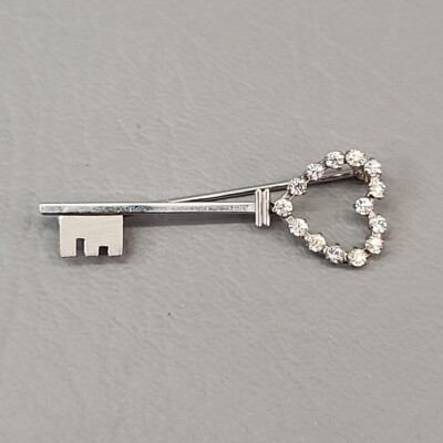 Krementz Heart Key Brooch Vtg Silver Tone Rhinestone Prong Jewelry Pin ...