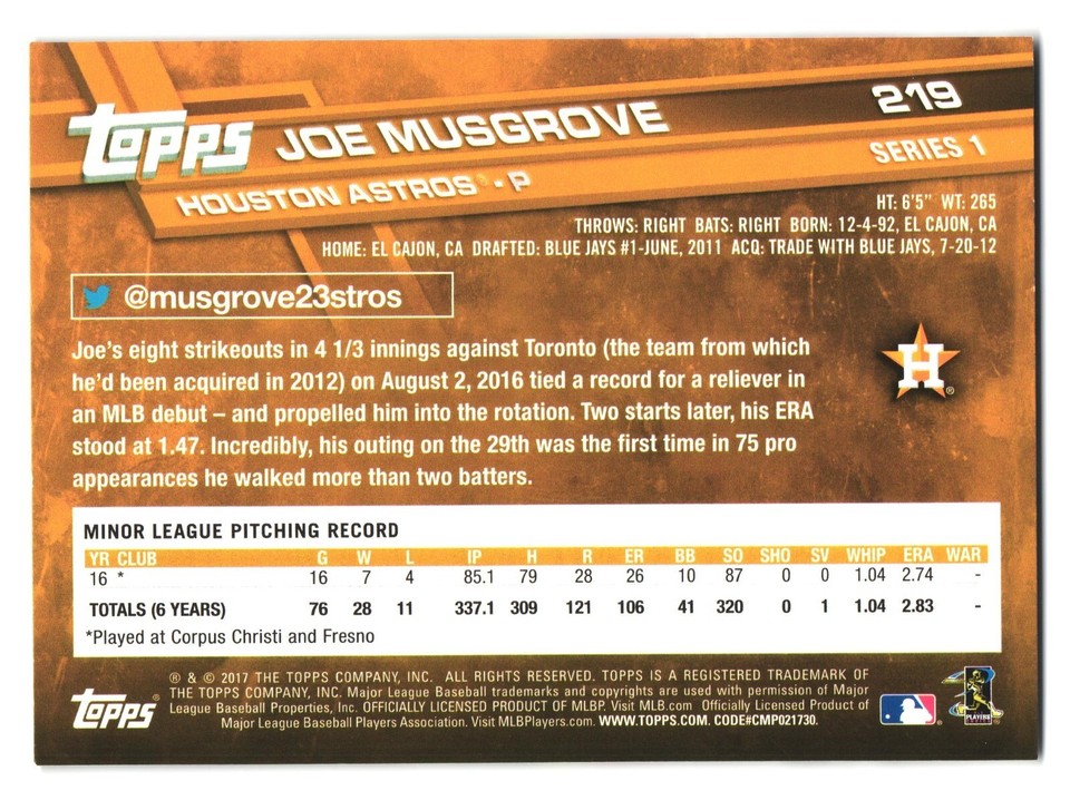 2017 Topps #219 Joe Musgrove RC Rookie Card Houston Astros | eBay