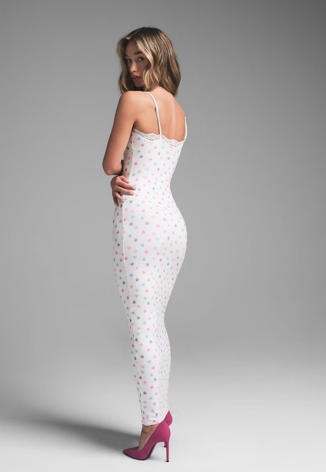 Skims Fits Everybody Lace Long Slip Dress Marble Candy Heart Print ...