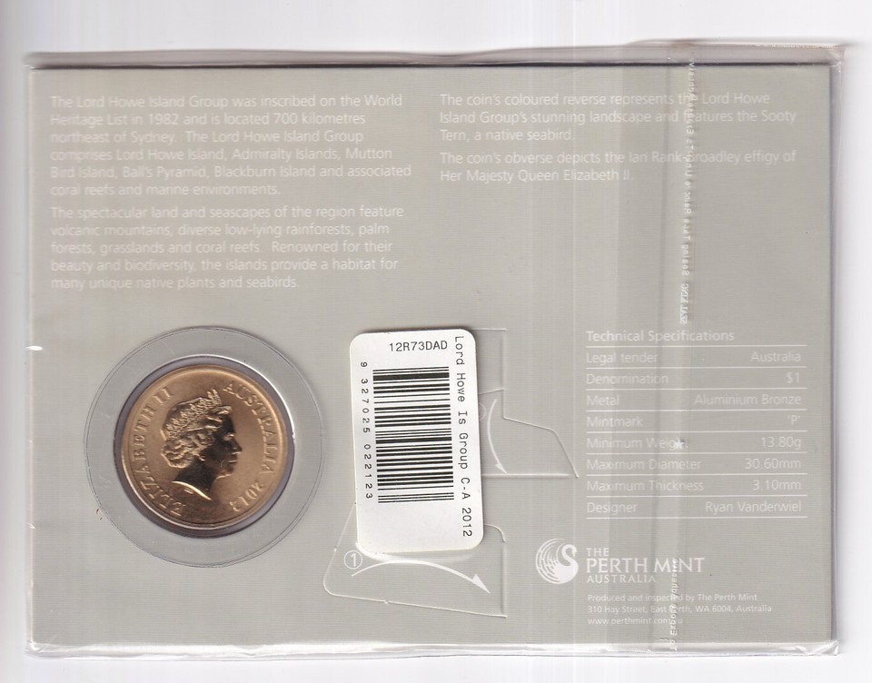 AUSTRALIAN: 2012 $1 CELEBRATE AUSTRALIA - LORD HOWE ISLAND GROUP COIN # ...