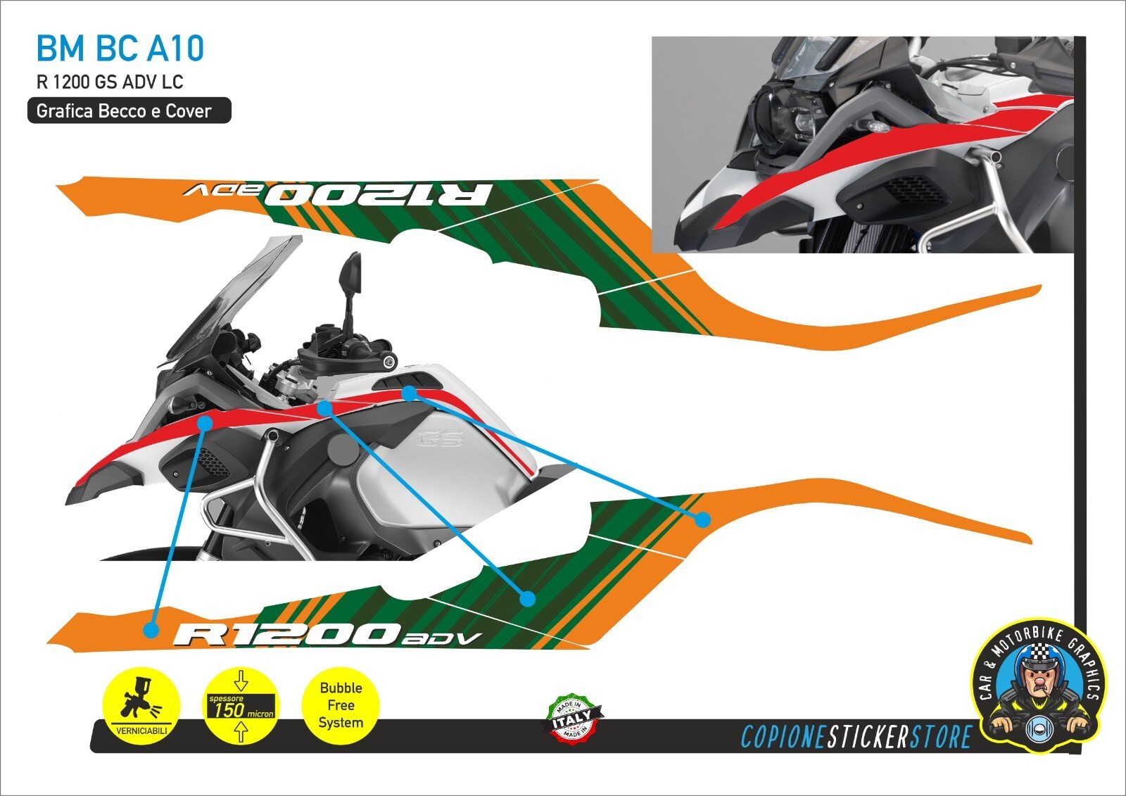 Stickers Beak Tank Motorcycle BMW R 1200 GS Adventure LC Orange Line Bm ...