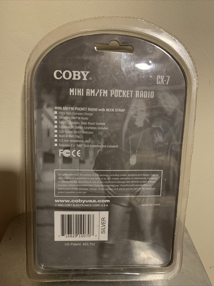 COBY Mini AM/FM DBBS Pocket Radio Gray/Silver With Earphones & Neck ...