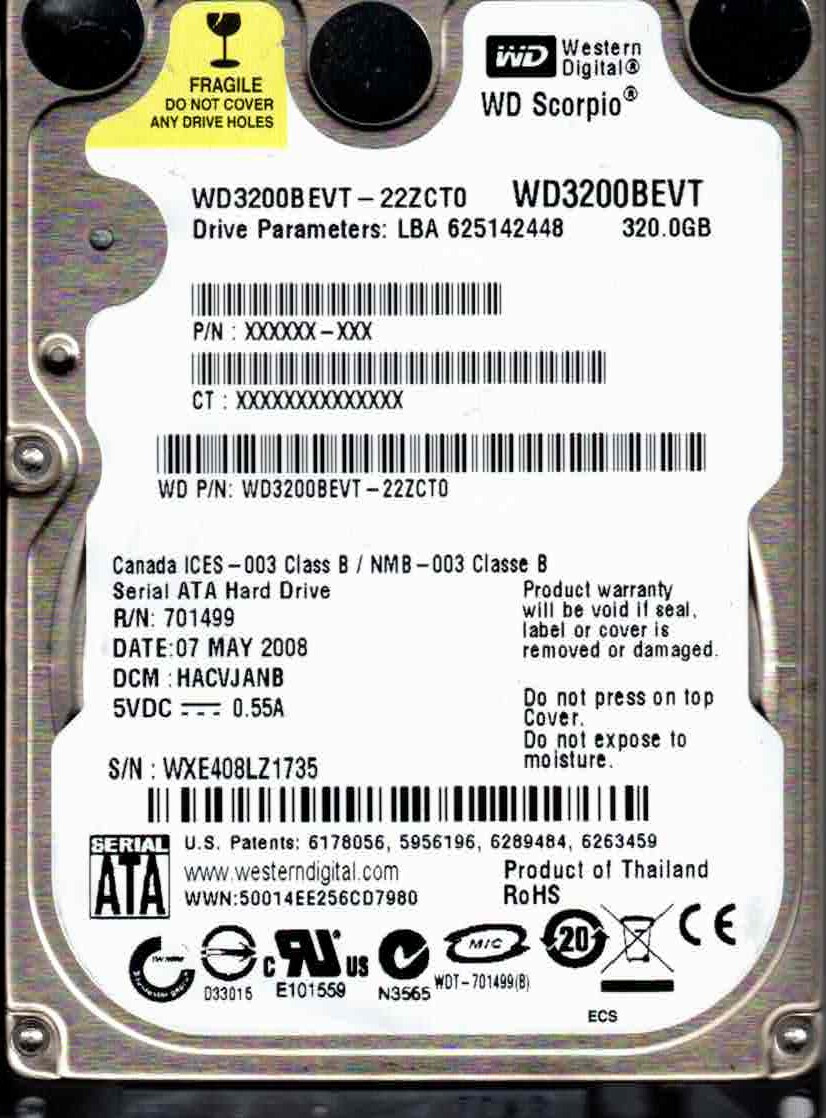 WD3200BEVT-22ZCT0 HACVJANB WESTERN DIGITAL SATA 320GB WXE4 MAY 2008 | eBay
