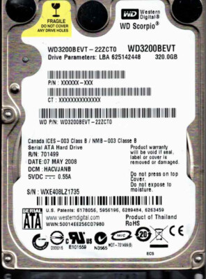 WD3200BEVT-22ZCT0 HACVJANB WESTERN DIGITAL SATA 320GB WXE4 MAY 2008 | eBay