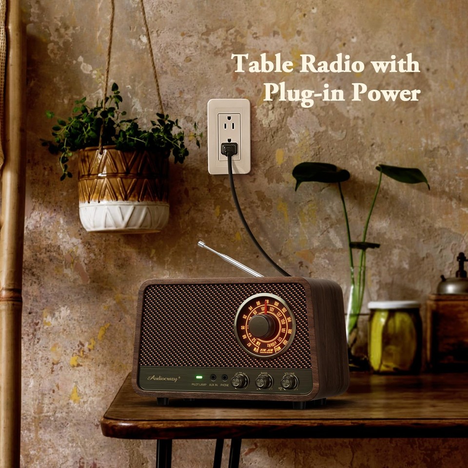 Audiocrazy Vintage Wooden AM FM Bluetooth Radio with Plug in Wall ...