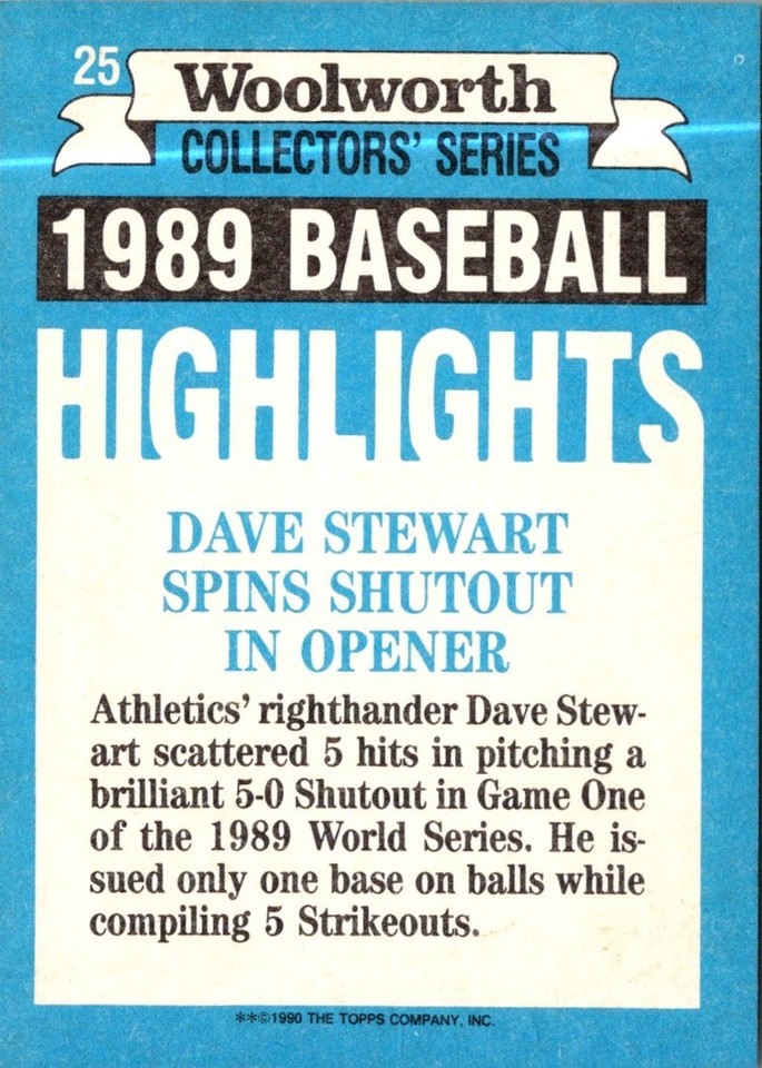 1990 Topps Woolworth Baseball Highlights Dave Stewart #25 Oakland ...