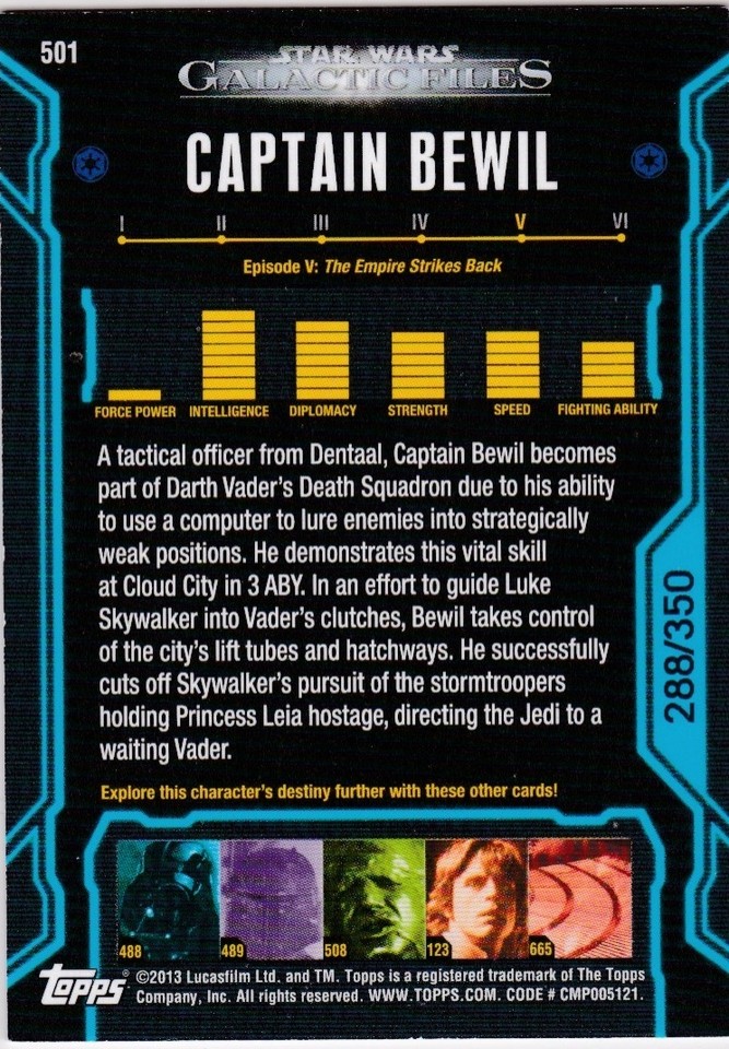 STAR WARS GALACTIC FILES SERIES 2 BLUE PARALLEL #501 CAPTAIN BEWIL 288/ ...