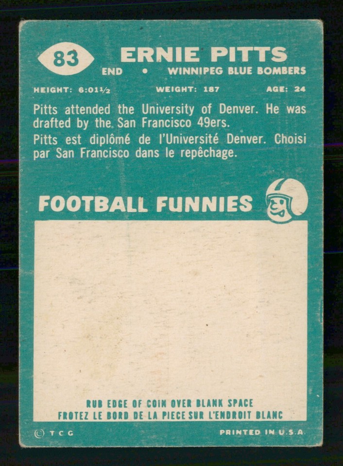 ERNIE PITTS 1960 TOPPS CFL 60 NO 83 VG+ 23726 | eBay