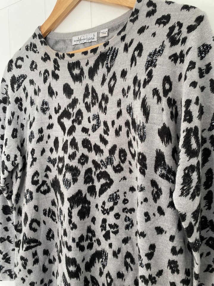 ANTHEA CRAWFORD Size L Grey Animal Print Sequence Jumper | eBay