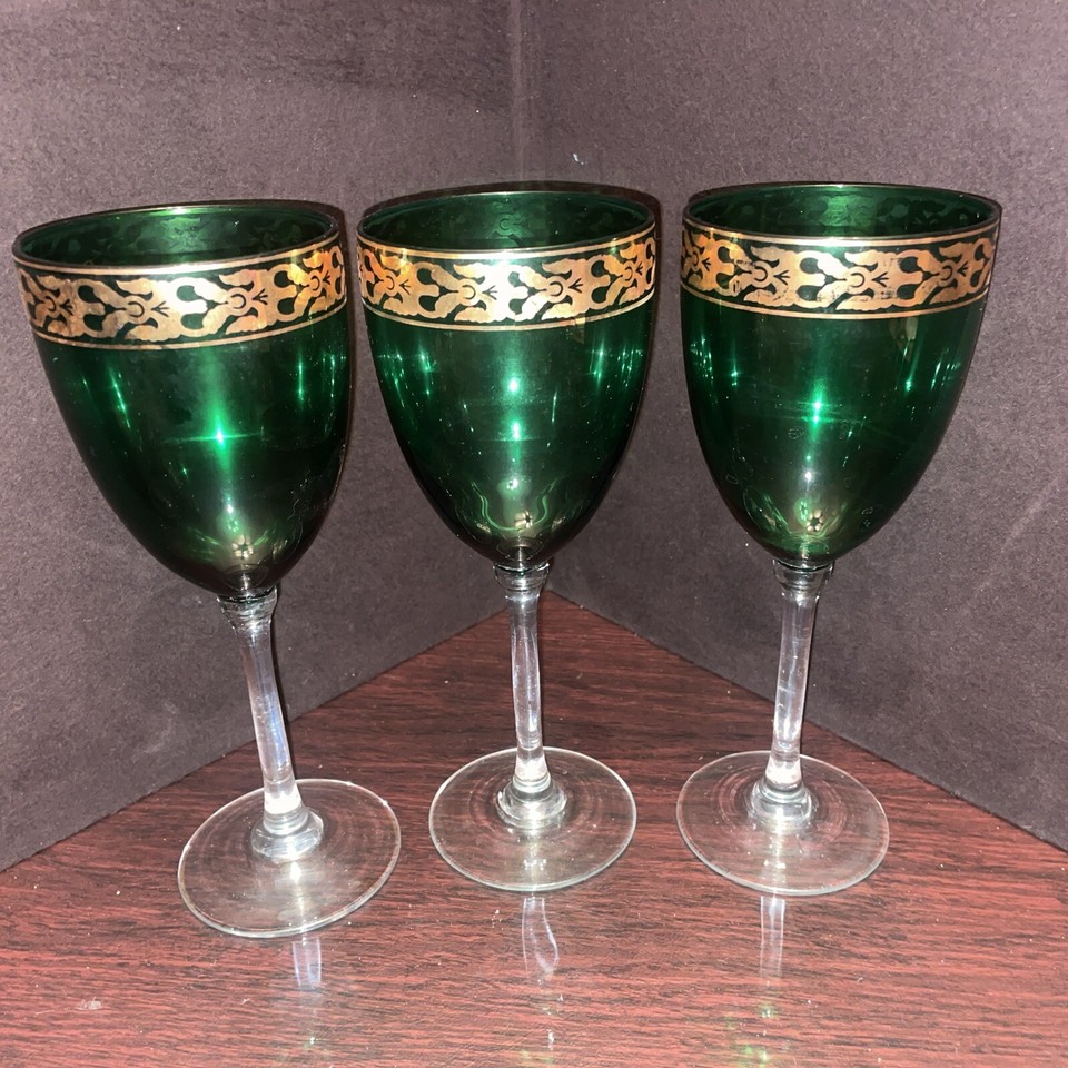Set of 9 Pier 1 Green 3, Blue 4+ Red 2 Water /Wine Goblets Gold Band 9 ...
