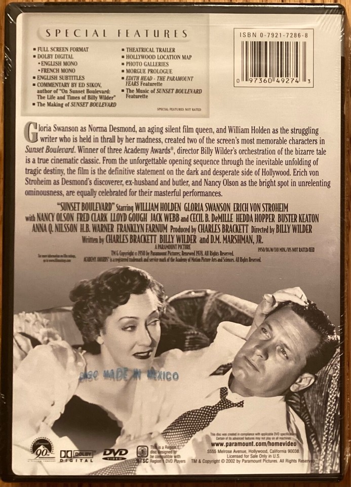 Sunset Boulevard DVD with William Holden, Gloria Swanson, Erich von ...