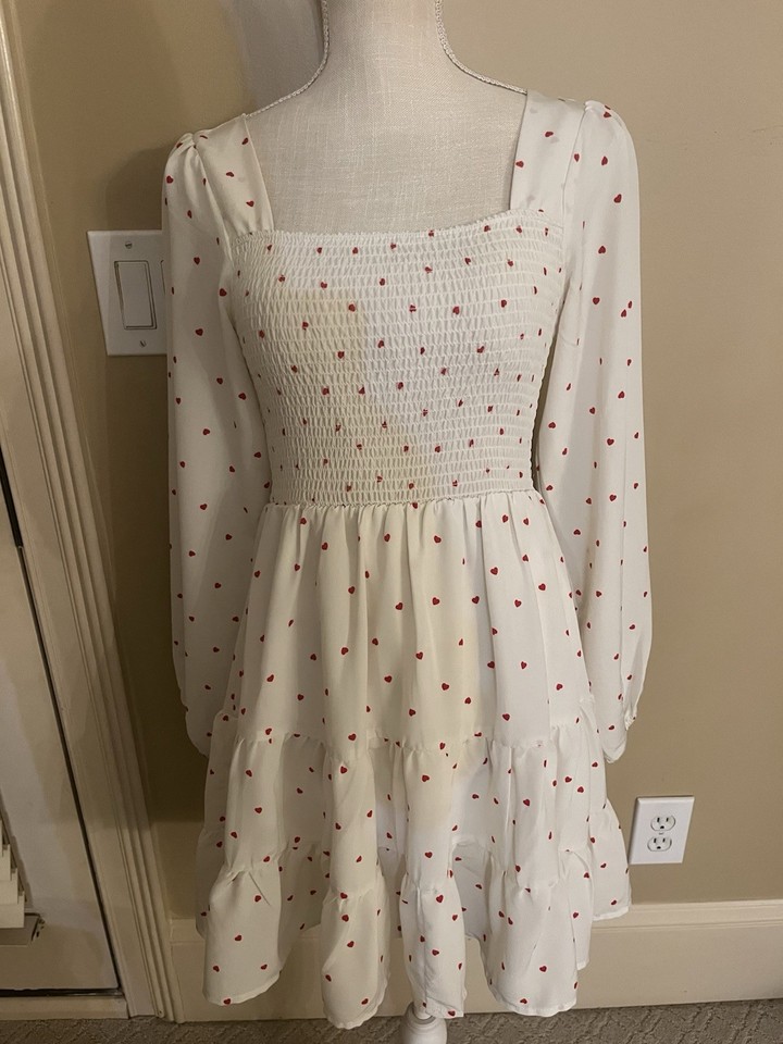 francescas Boutique White Ruffle Red Heart Smocked dress Valentines Day ...