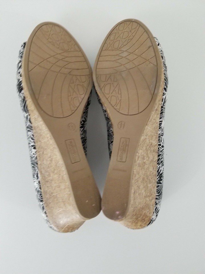 Dexflex Comfort Womens Black White Floral Canvas Peep Toe Cork Wedges ...