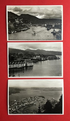 3 x Photo Postcard Bergen in Norway 1929 Port with Ships and Panorama ...