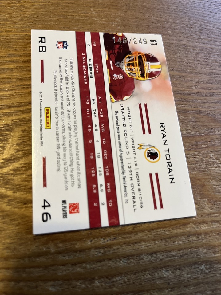 2012 Totally Certified BLUE JSY PATCH SP /249 Ryan Torain #63 Redskins ...