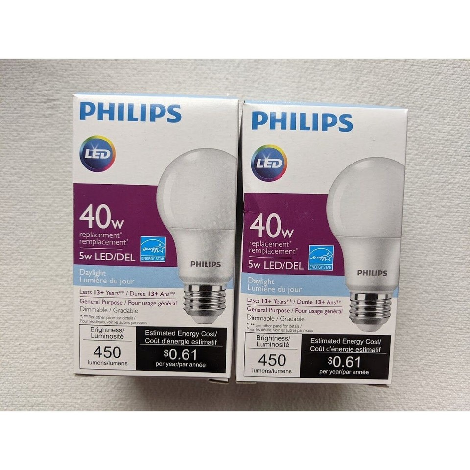 2 Pack Philips LED 40w Replacement 5w LED Bulb Daylight Dimmable ...