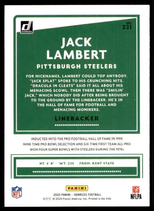 2020 DONRUSS FOOTBALL CARD PITTSBURGH STEELERS #221 JACK LAMBERT | eBay