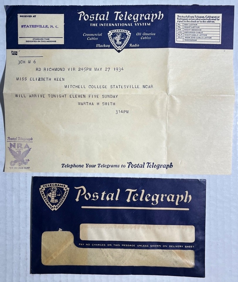 Vintage Postal Telegraph Telegram & Envelope 1934 Statesville NC | eBay