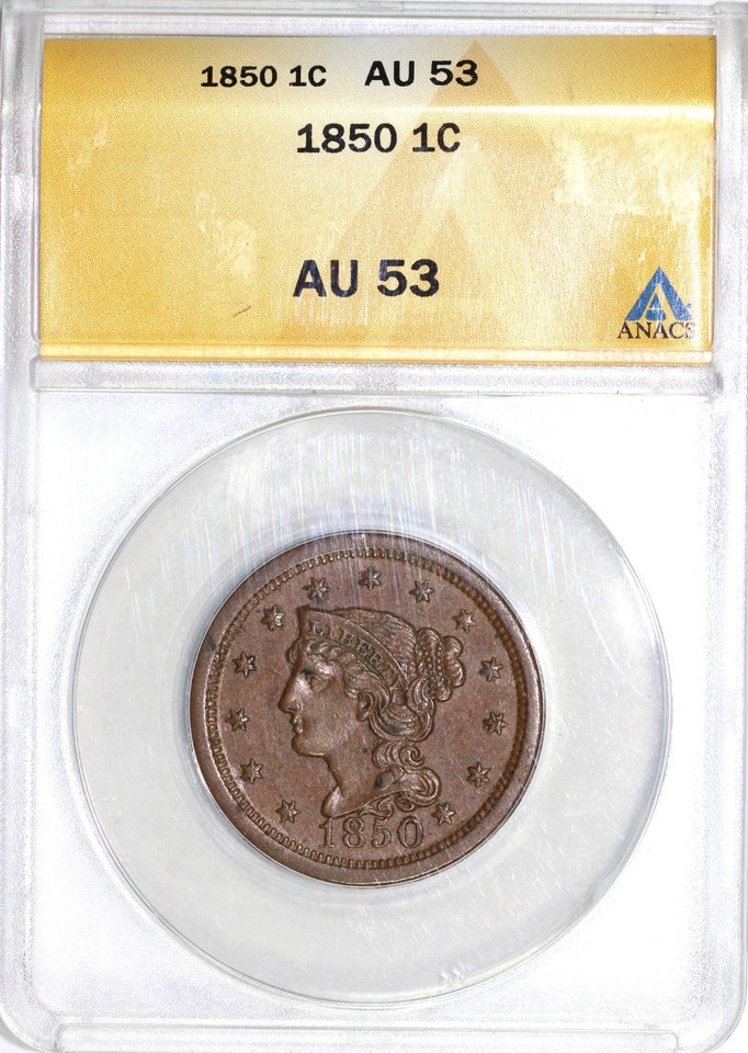 1850 1c N-3 Braided Hair Large Cent ANACS AU 53 | eBay