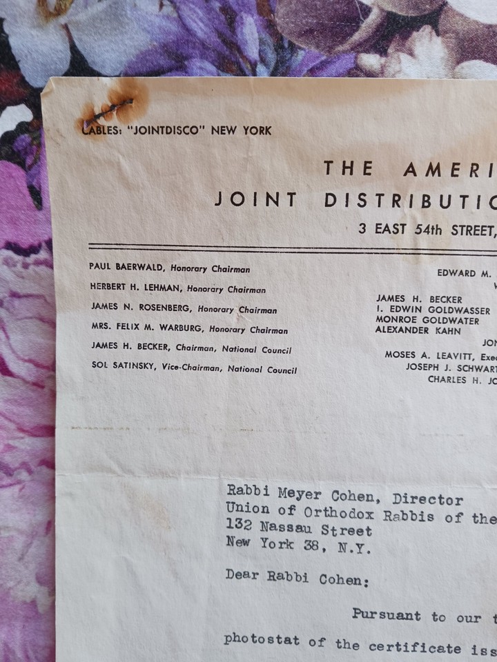THE AMERICAN JEWISH JOINT DISTRIBUTION COMMITTEE 1958 SIGNED ABOUT ...