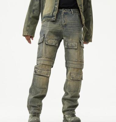 Men's Retro Blue Denim Jeans Straight Leg Pockets Punk Hip Hop Pants ...